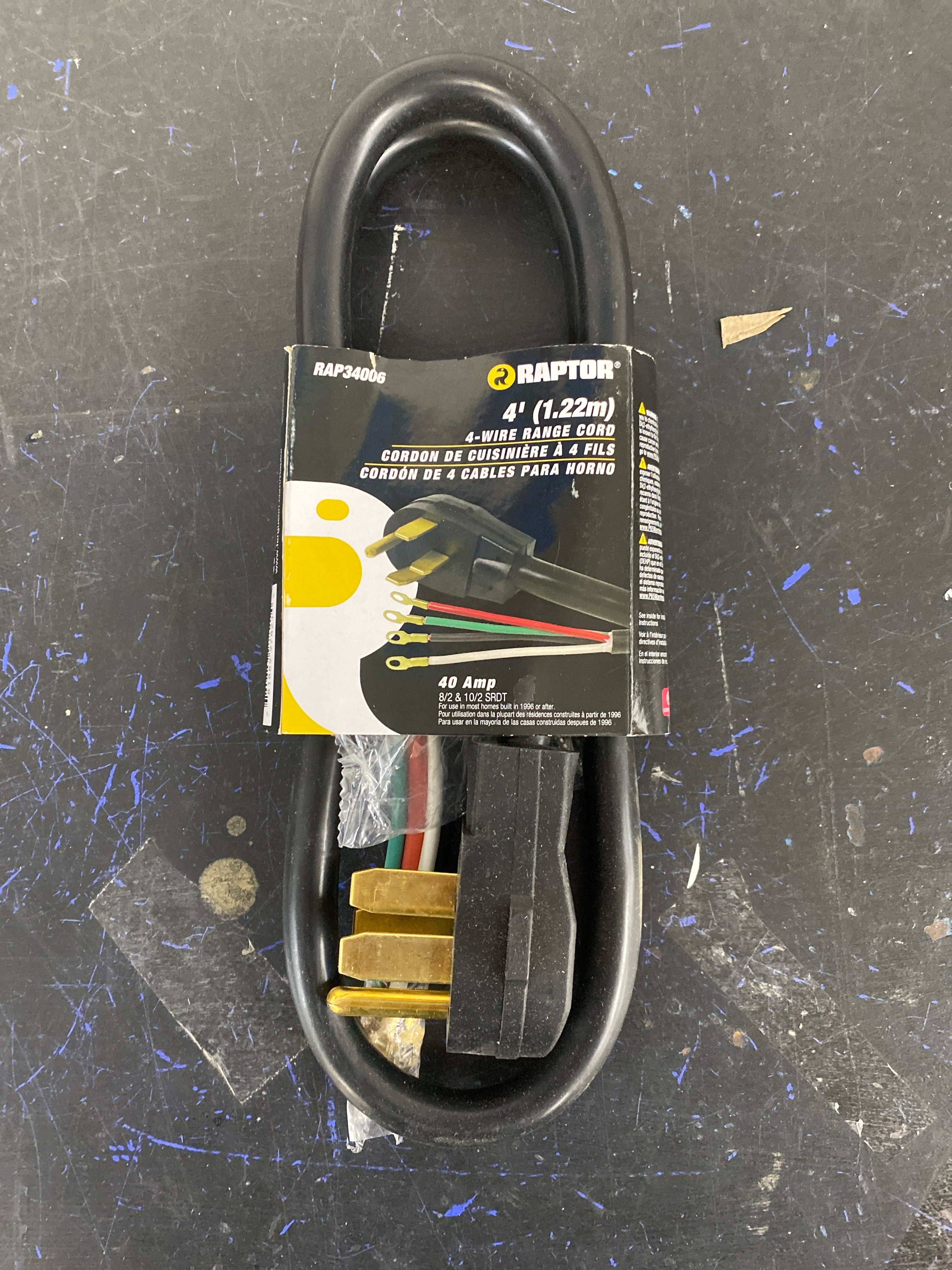 Raptor Tools RAP34006 40 Amp 4 ft. 8/2 and 10/2 SRDT 125V Range Cord